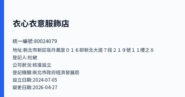 衣心衣意服飾店的照片-統編 80024079(新北市) 公司登記資料與營業項目詳細圖表