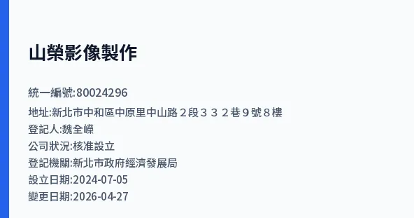 山榮影像製作的照片-統編 80024296(新北市) 公司登記資料與營業項目詳細圖表