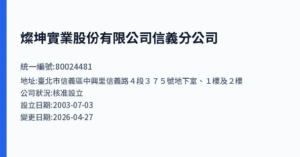 燦坤實業股份有限公司信義分公司的照片-統編 80024481(臺北市) 公司登記資料與營業項目詳細圖表
