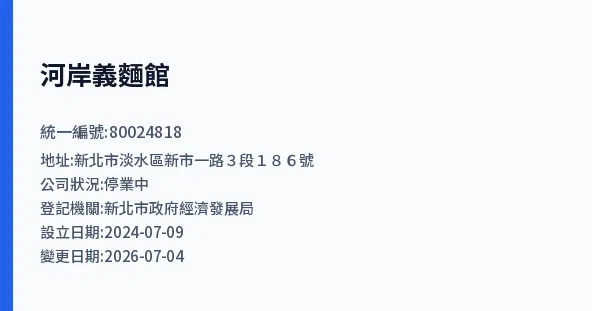 河岸義麵館的照片-統編 80024818(新北市) 公司登記資料與營業項目詳細圖表