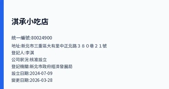 淇承小吃店的照片-統編 80024900(新北市) 公司登記資料與營業項目詳細圖表