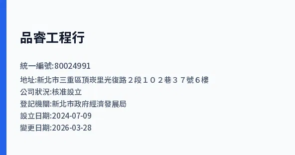 品睿工程行的照片-統編 80024991(新北市) 公司登記資料與營業項目詳細圖表