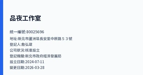 品夜工作室的照片-統編 80025696(新北市) 公司登記資料與營業項目詳細圖表