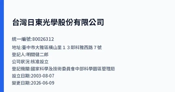 台灣日東光學股份有限公司的照片-統編 80026312(臺中市) 公司登記資料與營業項目詳細圖表