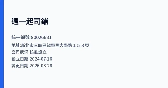 週一起司鋪的照片-統編 80026631(新北市) 公司登記資料與營業項目詳細圖表
