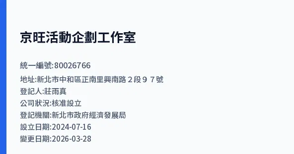 京旺活動企劃工作室的照片-統編 80026766(新北市) 公司登記資料與營業項目詳細圖表