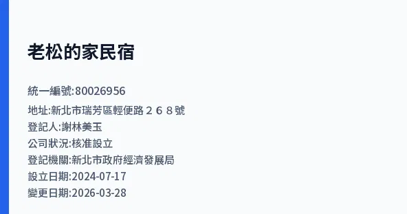 老松的家民宿的照片-統編 80026956(新北市) 公司登記資料與營業項目詳細圖表