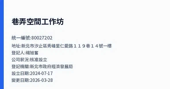 巷弄空間工作坊的照片-統編 80027202(新北市) 公司登記資料與營業項目詳細圖表