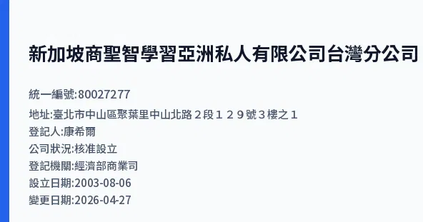 新加坡商聖智學習亞洲私人有限公司台灣分公司的照片-統編 80027277(臺北市) 公司登記資料與營業項目詳細圖表