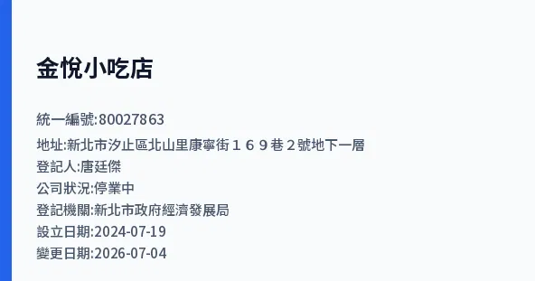金悅小吃店的照片-統編 80027863(新北市) 公司登記資料與營業項目詳細圖表
