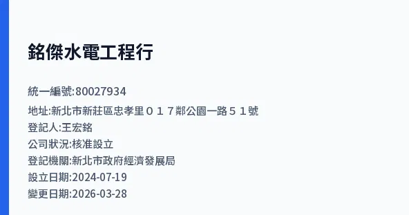 銘傑水電工程行的照片-統編 80027934(新北市) 公司登記資料與營業項目詳細圖表