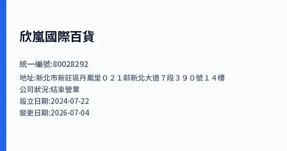 欣嵐國際百貨的照片-統編 80028292(新北市) 公司登記資料與營業項目詳細圖表