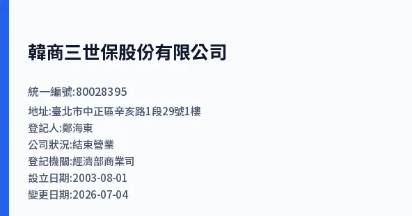韓商三世保股份有限公司的照片-統編 80028395(臺北市) 公司登記資料與營業項目詳細圖表