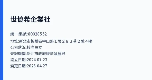 世協希企業社的照片-統編 80028552(新北市) 公司登記資料與營業項目詳細圖表