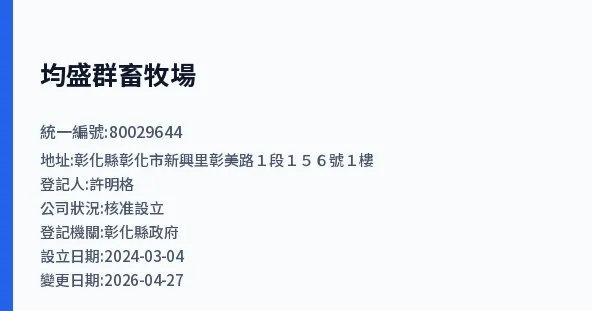 均盛群畜牧場的照片-統編 80029644(彰化縣) 公司登記資料與營業項目詳細圖表
