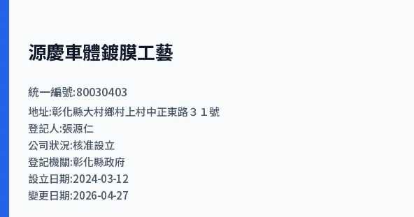 源慶車體鍍膜工藝的照片-統編 80030403(彰化縣) 公司登記資料與營業項目詳細圖表