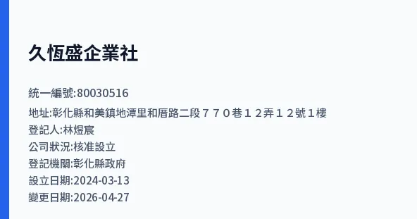 久恆盛企業社的照片-統編 80030516(彰化縣) 公司登記資料與營業項目詳細圖表