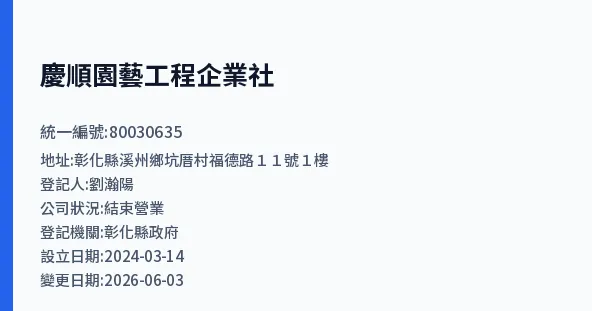 慶順園藝工程企業社的照片-統編 80030635(彰化縣) 公司登記資料與營業項目詳細圖表