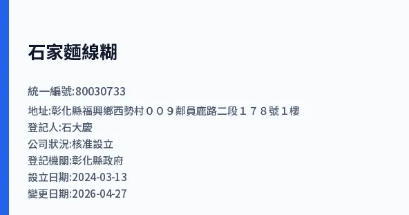 石家麵線糊的照片-統編 80030733(彰化縣) 公司登記資料與營業項目詳細圖表