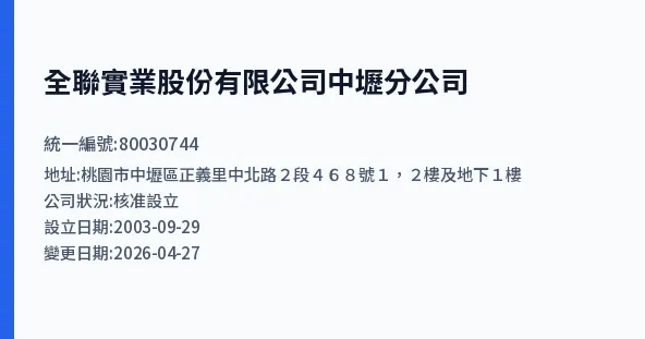 全聯實業股份有限公司中壢分公司的照片-統編 80030744(桃園市) 公司登記資料與營業項目詳細圖表