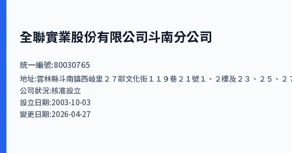 全聯實業股份有限公司斗南分公司的照片-統編 80030765(雲林縣) 公司登記資料與營業項目詳細圖表