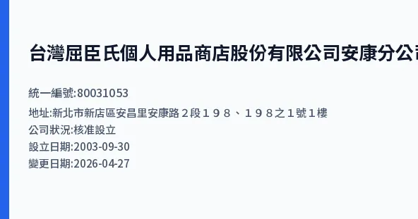 台灣屈臣氏個人用品商店股份有限公司安康分公司的照片-統編 80031053(新北市) 公司登記資料與營業項目詳細圖表
