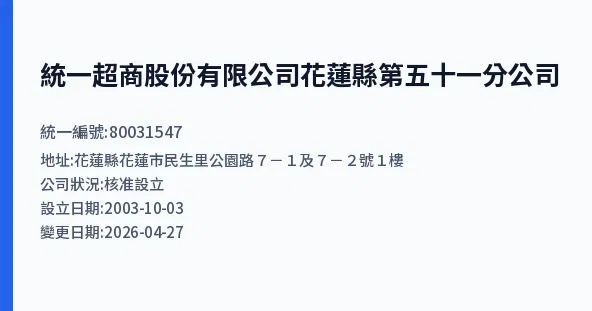 統一超商股份有限公司花蓮縣第五十一分公司的照片-統編 80031547(花蓮縣) 公司登記資料與營業項目詳細圖表