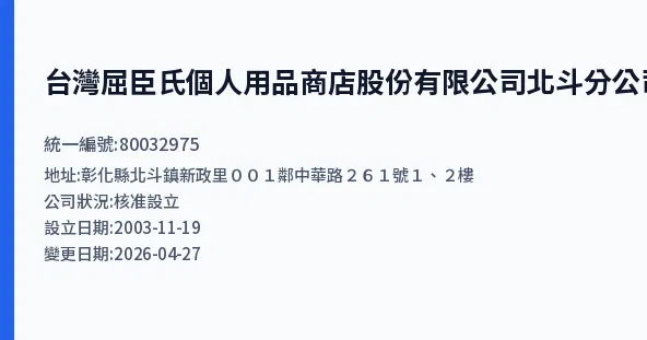 台灣屈臣氏個人用品商店股份有限公司北斗分公司的照片-統編 80032975(彰化縣) 公司登記資料與營業項目詳細圖表