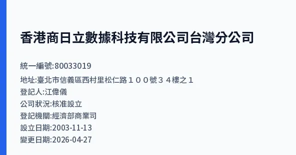 香港商日立數據科技有限公司台灣分公司的照片-統編 80033019(臺北市) 公司登記資料與營業項目詳細圖表