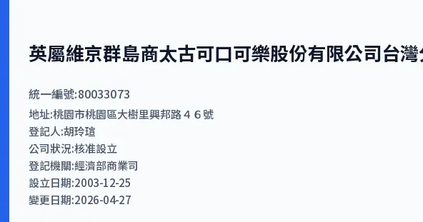 英屬維京群島商太古可口可樂股份有限公司台灣分公司的照片-統編 80033073(桃園市) 公司登記資料與營業項目詳細圖表