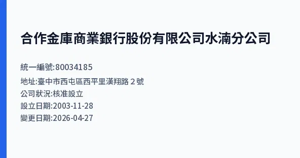 合作金庫商業銀行股份有限公司水湳分公司的照片-統編 80034185(臺中市) 公司登記資料與營業項目詳細圖表