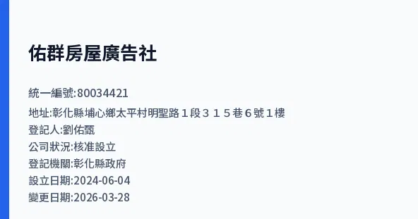 佑群房屋廣告社的照片-統編 80034421(彰化縣) 公司登記資料與營業項目詳細圖表