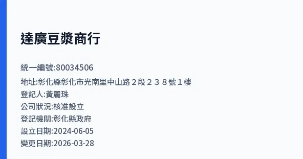 達廣豆漿商行的照片-統編 80034506(彰化縣) 公司登記資料與營業項目詳細圖表