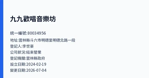 九九歡唱音樂坊的照片-統編 80034956(雲林縣) 公司登記資料與營業項目詳細圖表