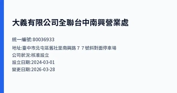 大義有限公司全聯台中南興營業處的照片-統編 80036933(臺中市) 公司登記資料與營業項目詳細圖表