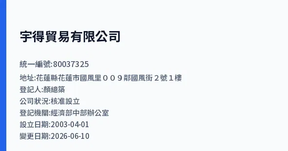 宇得貿易有限公司的照片-統編 80037325(花蓮縣) 公司登記資料與營業項目詳細圖表