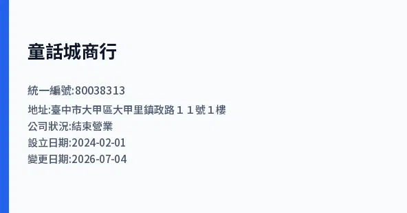 童話城商行的照片-統編 80038313(臺中市) 公司登記資料與營業項目詳細圖表