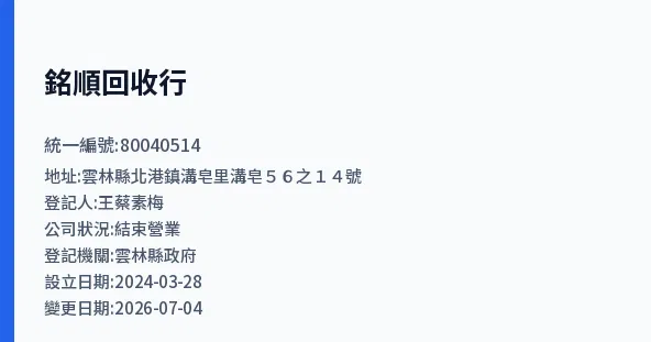 銘順回收行的照片-統編 80040514(雲林縣) 公司登記資料與營業項目詳細圖表