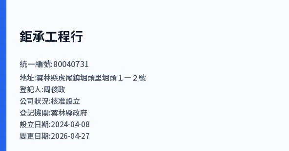 鉅承工程行的照片-統編 80040731(雲林縣) 公司登記資料與營業項目詳細圖表