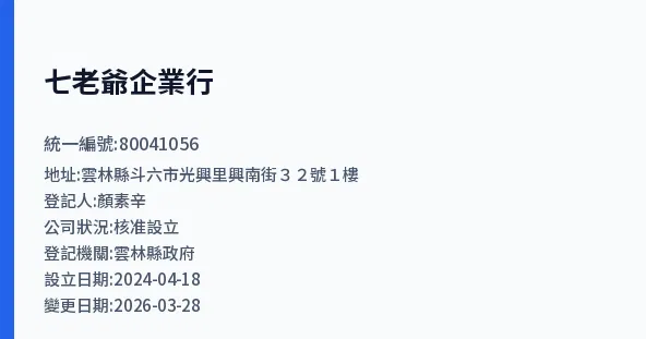 七老爺企業行的照片-統編 80041056(雲林縣) 公司登記資料與營業項目詳細圖表