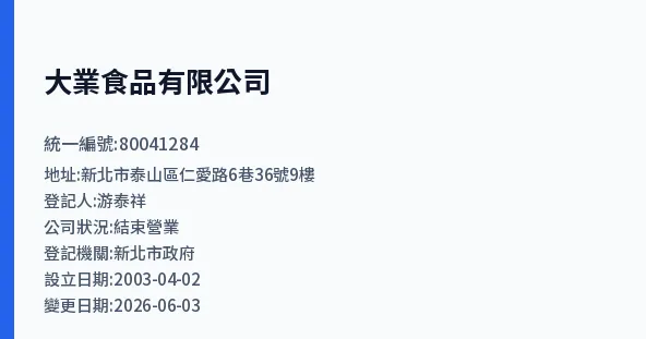 大業食品有限公司的照片-統編 80041284(新北市) 公司登記資料與營業項目詳細圖表