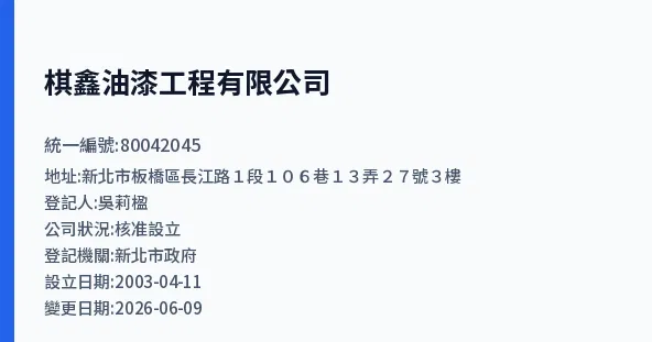 棋鑫油漆工程有限公司的照片-統編 80042045(新北市) 公司登記資料與營業項目詳細圖表