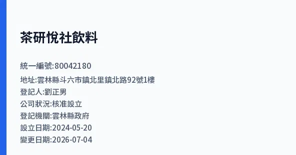 茶研悅社飲料的照片-統編 80042180(雲林縣) 公司登記資料與營業項目詳細圖表