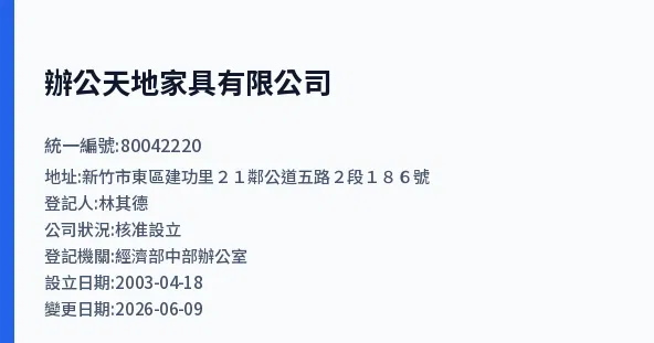 辦公天地家具有限公司的照片-統編 80042220(新竹市) 公司登記資料與營業項目詳細圖表