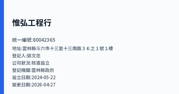 惟弘工程行的照片-統編 80042365(雲林縣) 公司登記資料與營業項目詳細圖表