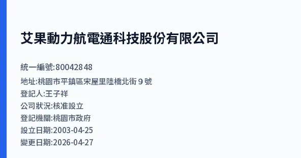 艾果動力航電通科技股份有限公司的照片-統編 80042848(桃園市) 公司登記資料與營業項目詳細圖表