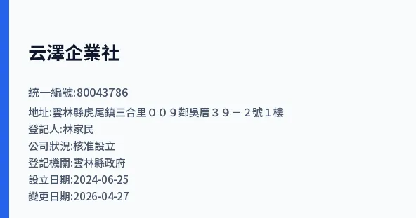 云澤企業社的照片-統編 80043786(雲林縣) 公司登記資料與營業項目詳細圖表