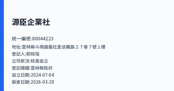 源臣企業社的照片-統編 80044223(雲林縣) 公司登記資料與營業項目詳細圖表