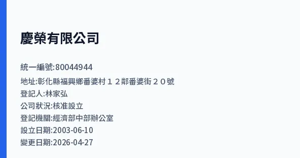 慶榮有限公司的照片-統編 80044944(彰化縣) 公司登記資料與營業項目詳細圖表