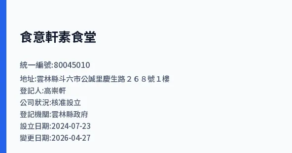 食意軒素食堂的照片-統編 80045010(雲林縣) 公司登記資料與營業項目詳細圖表